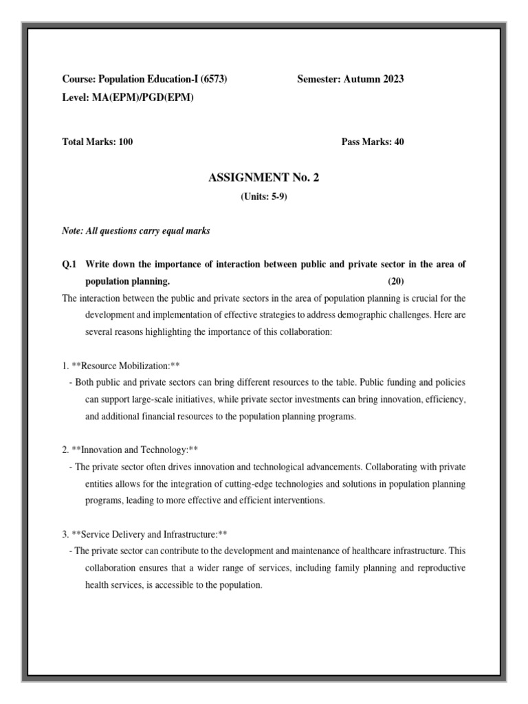 Assignment No. 2: Course: Population Education-I (6573) Semester: Autumn 2023 Level: MA (EPM ...