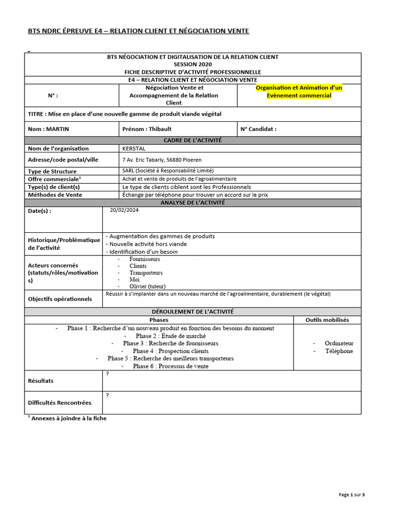 FICHE E4 NDRC - Thibault MARTIN - Organisation Et Animation D'un Evènement Commercial | PDF ...