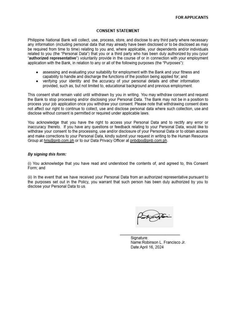 Applicant Consent Statement. FRANCISCO | PDF | Consent | Justice