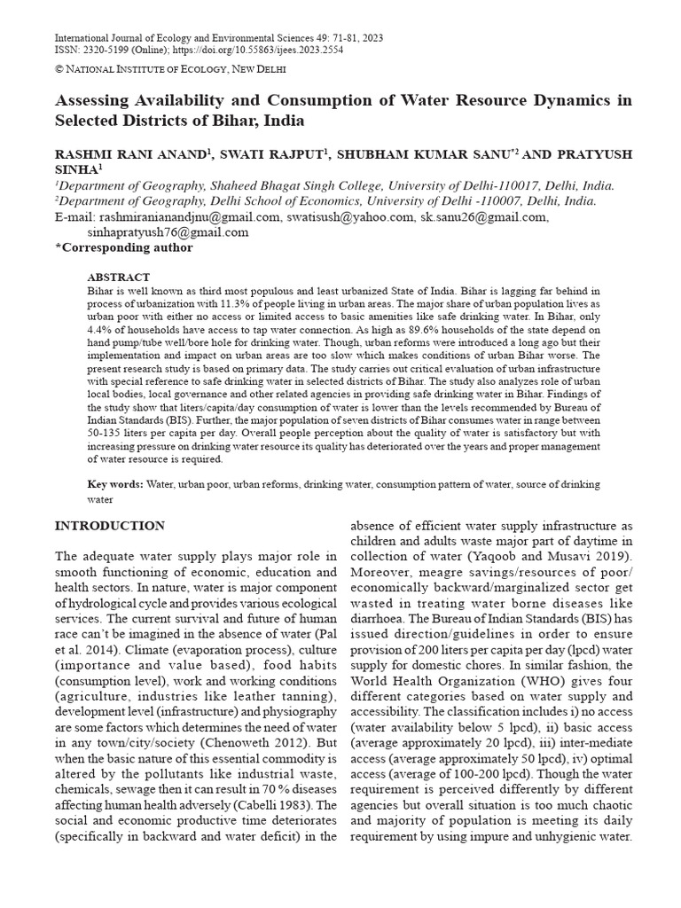 Assessing Availabilityand Consumptionof Water Resource Dynamicsin ...
