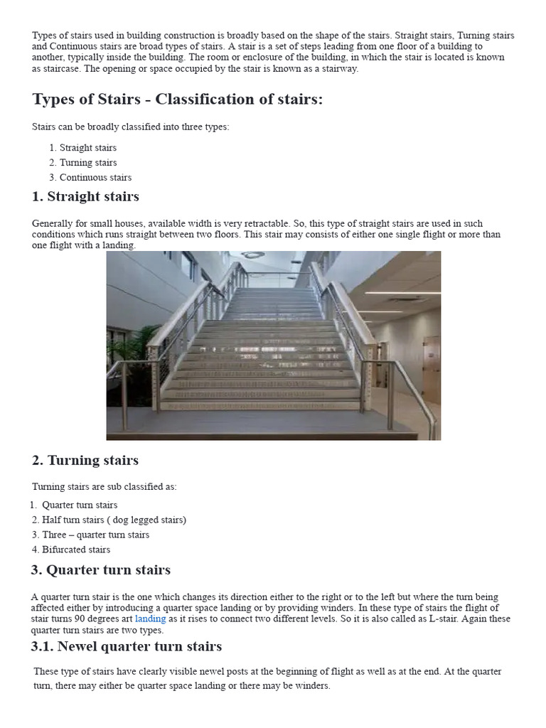 Types of Staircases in Building Construction | PDF | Stairs