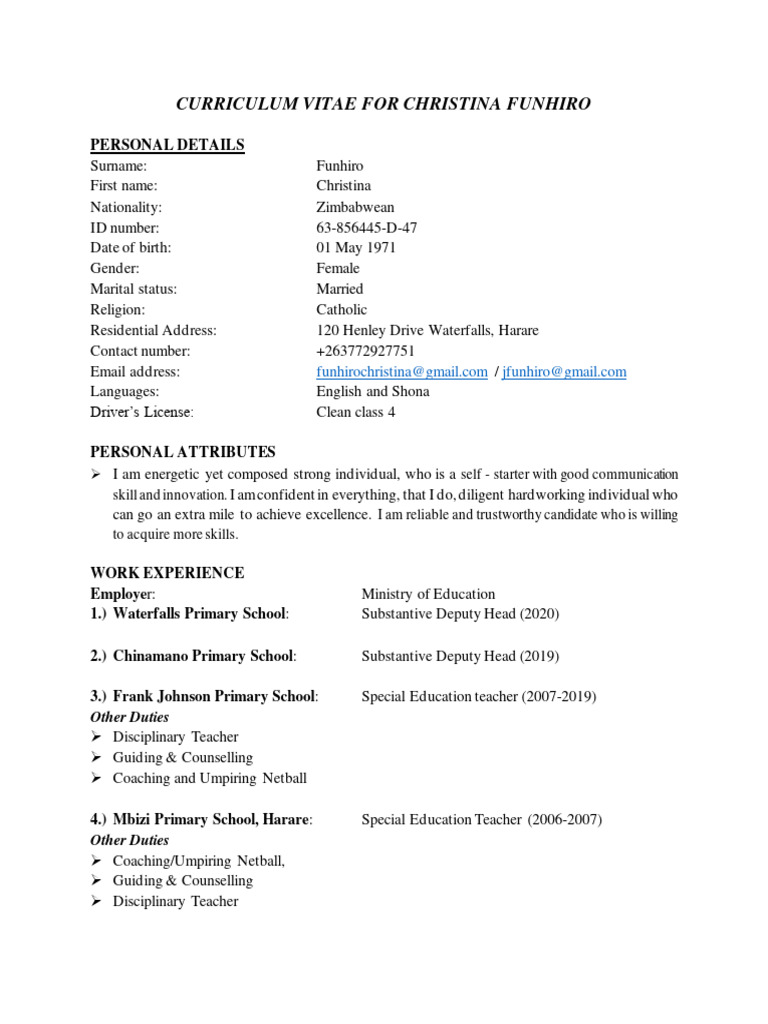 Cv for Christina Funhiro | PDF | Teachers | Zimbabwe