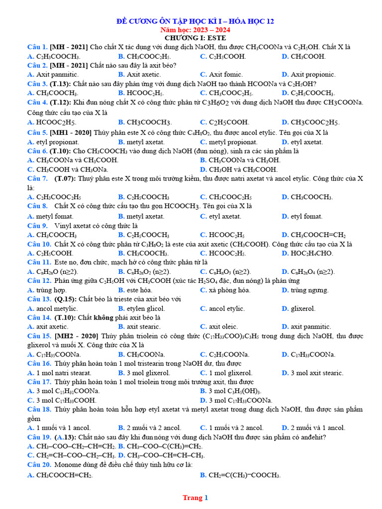 De Cuong On Tap Hoa 12 HK1 | PDF