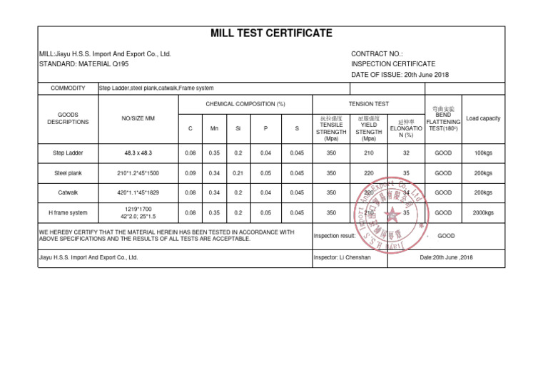 MILL CERTIFICATE For Q195 Material | PDF | Strength Of Materials | Building Engineering