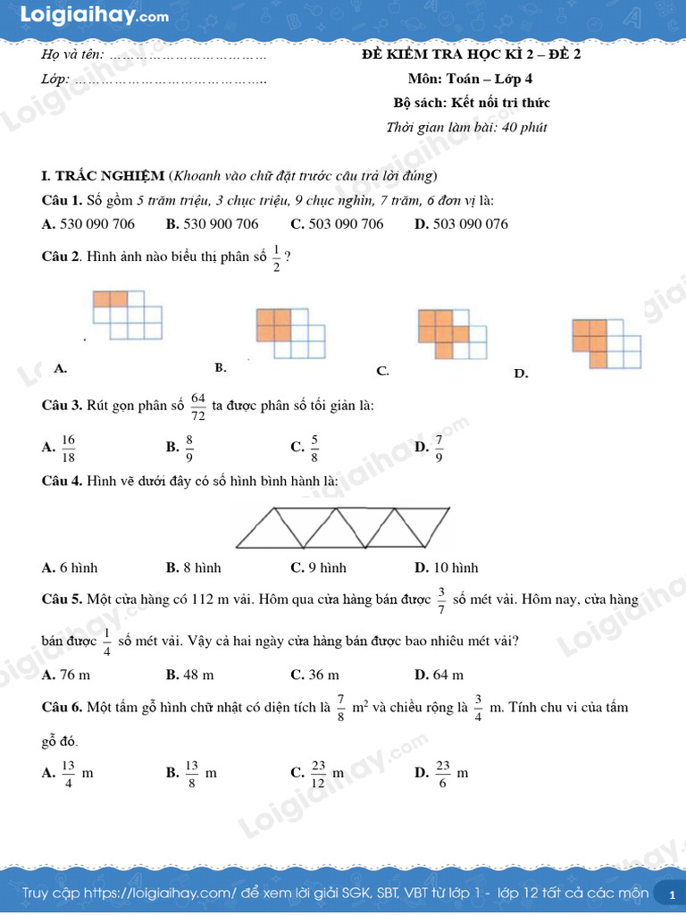 De Kiem Tra Hoc Ki 2 Toan 4 Ket Noi Tri Thuc de So 2 1710597250 | PDF