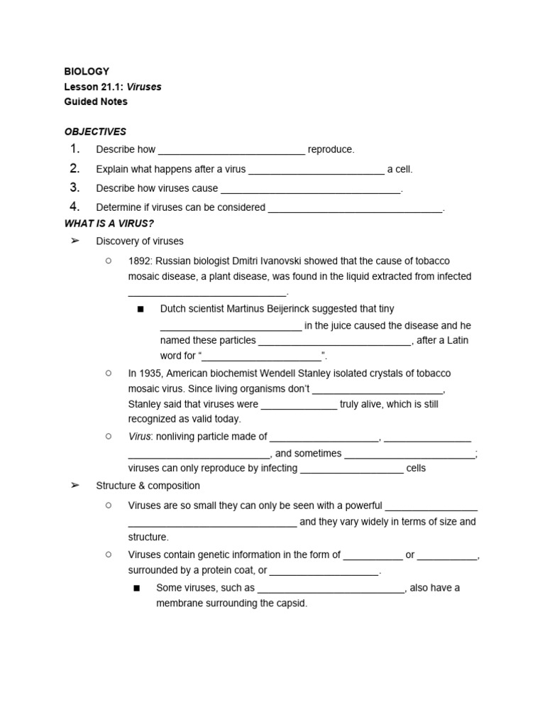 Biology 21.1 Guided Notes | PDF | Virus | Retrovirus