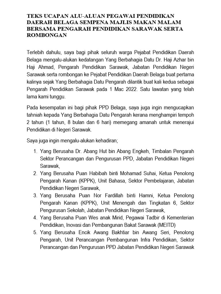 Teks Ucapan Aluan Ppd-Lawatan Kerja Pengarah Pendidikan Sarawak | PDF