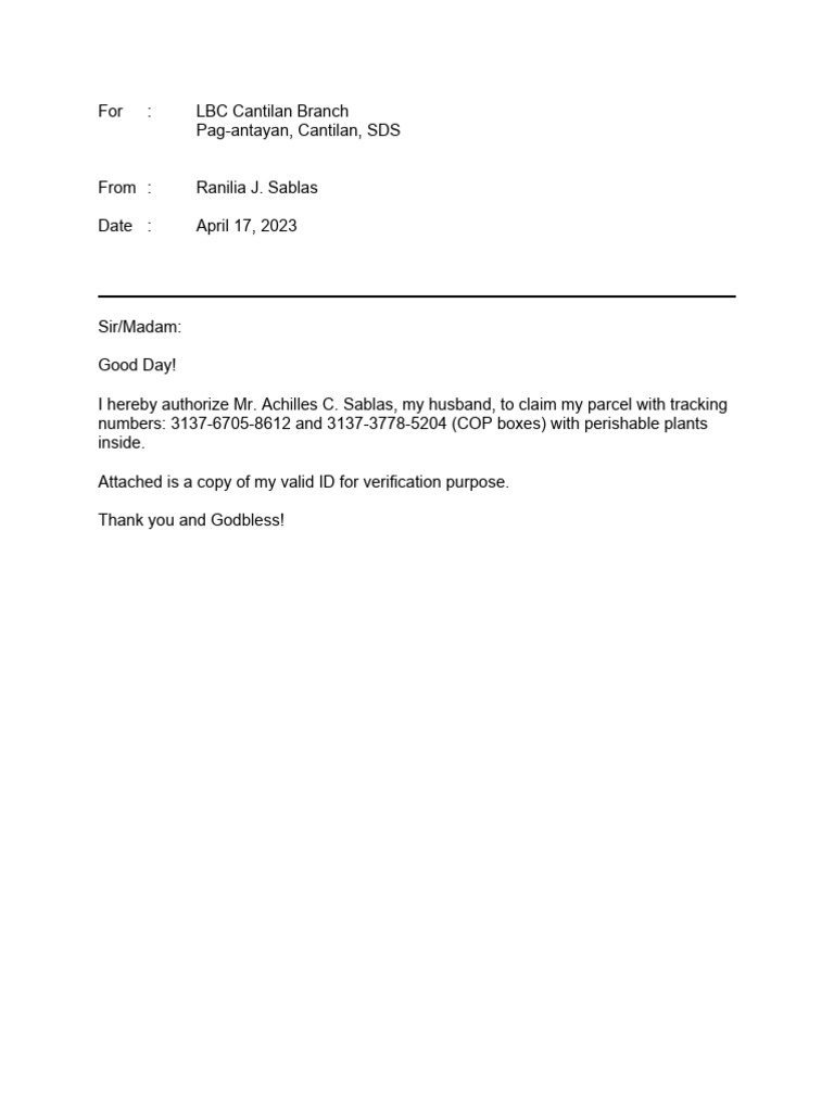 Authorization Letter for LBC Parcel Claim | PDF