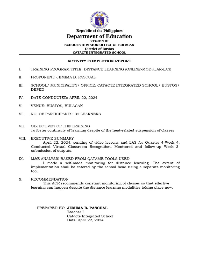 Activity-Completion-Report-ONLINE-MODULAR-JEM - April22,2024 | PDF | Distance Education | Cognition