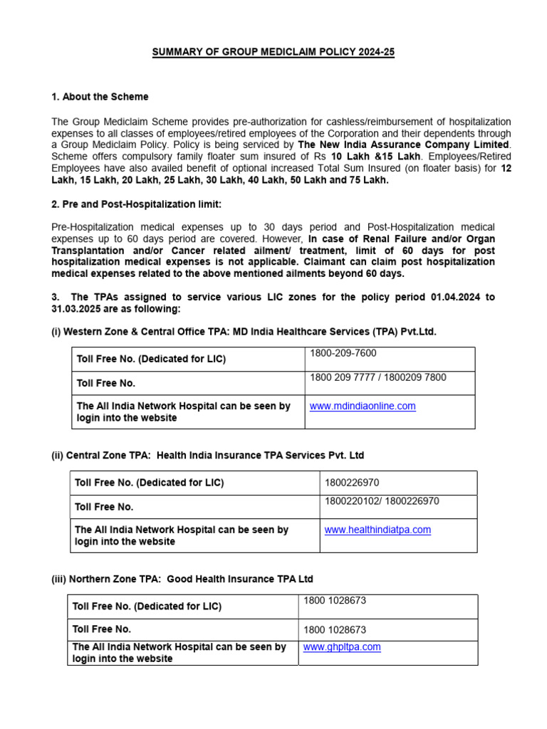 Summary of Group Mediclaim Policy 2024-25 | PDF | Physical Therapy ...