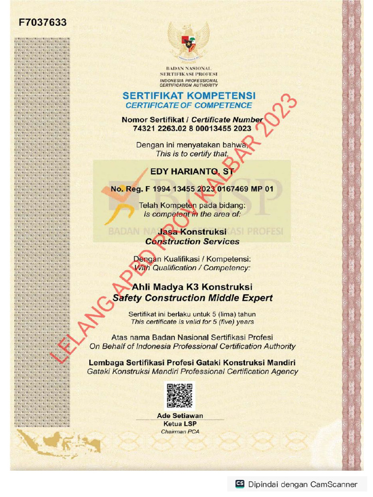 EDY HARIANTO, ST ( SKK K3 JENJANG 8 ). | PDF