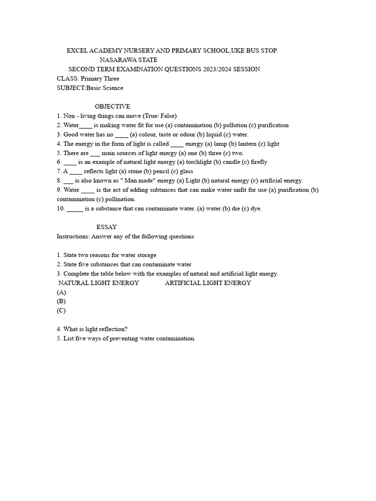 Pry 3 Basic Science Examination Question | PDF | Teaching Methods ...