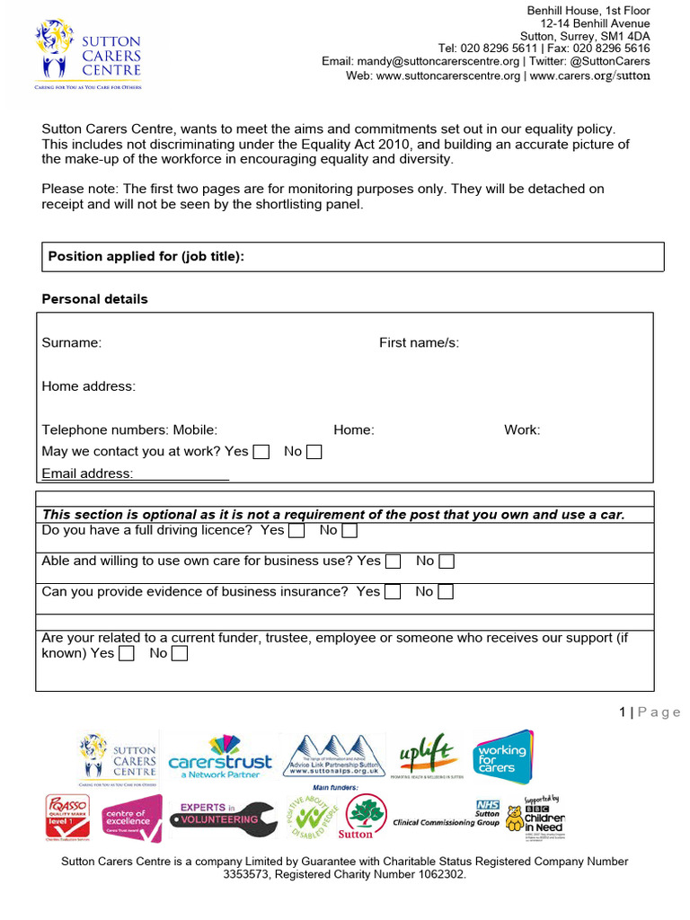 Sutton Carers Centre Job Application Form | PDF