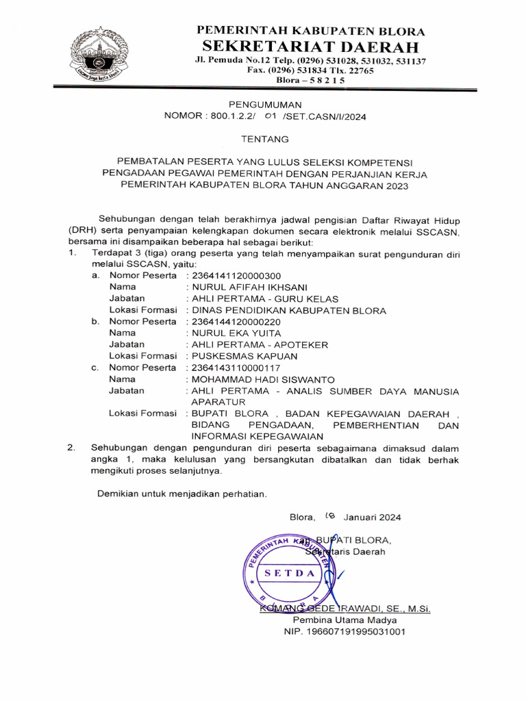 Pengumuman Pembatalan Kelulusan PPPK JF Nakes Dan Teknis 2023 | PDF Pengumuman Pembatalan Kelulusan PPPK JF Nakes Dan Teknis 2023 | PDF