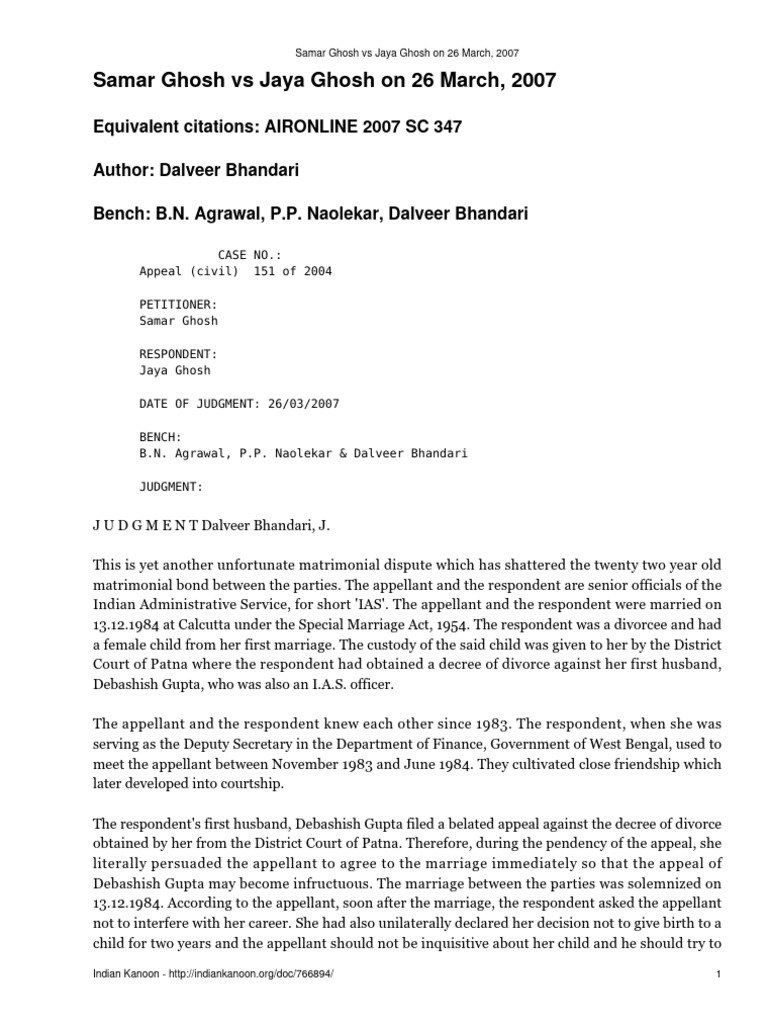 Samar Ghosh vs Jaya Ghosh Divorce Case | PDF | Cruelty | Marriage