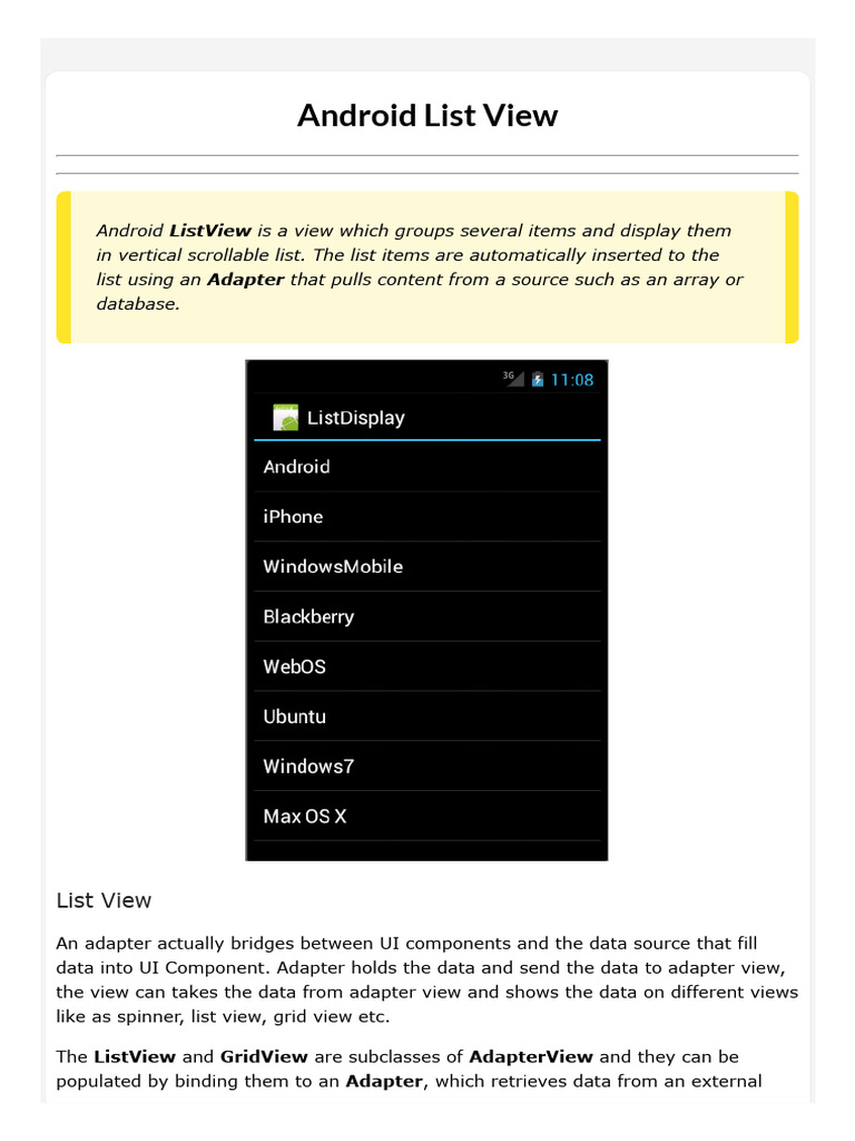 Android List View | PDF | Android (Operating System) | Databases Android List View | PDF | Android (Operating System) | Databases