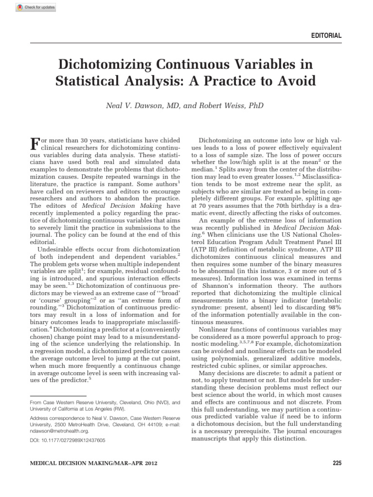 2012 - Dawson - Dichotomizing Continuous Variables in Statistical Analysis - A Practice To Avoid ...