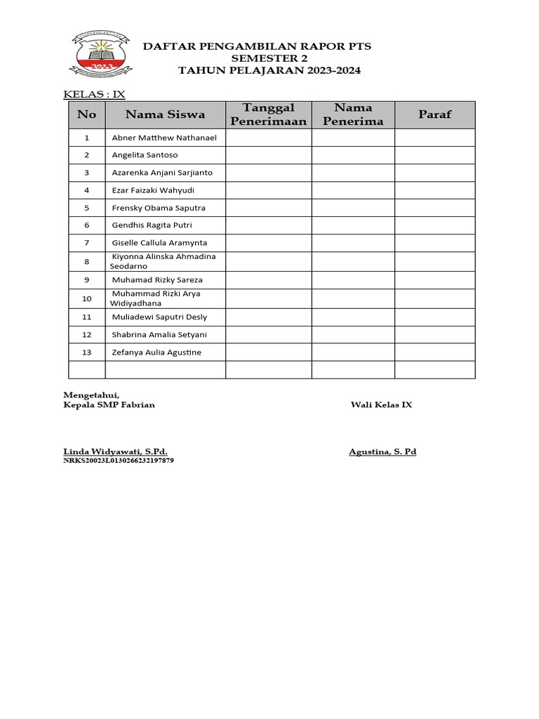 Daftar Pengambilan Raport Pas SMP | PDF