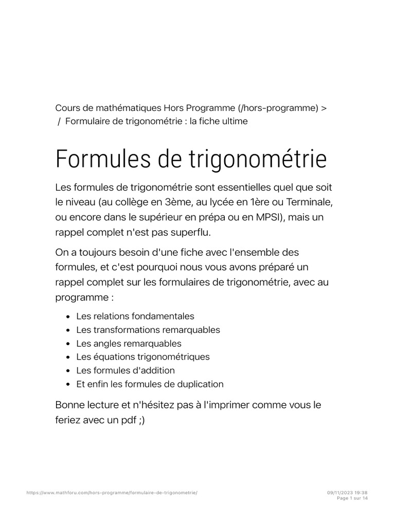 Formulaire Complet de Trigonométrie | PDF | Mathématiques | Trigonométrie