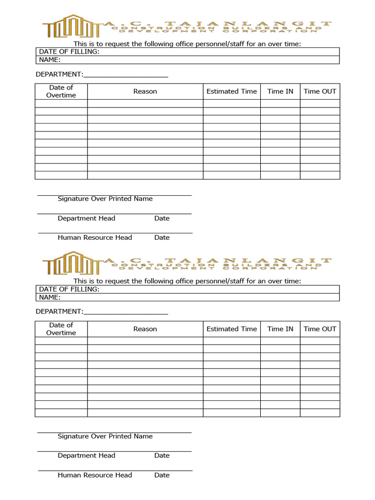Overtime Request Form Template | PDF | Career & Growth