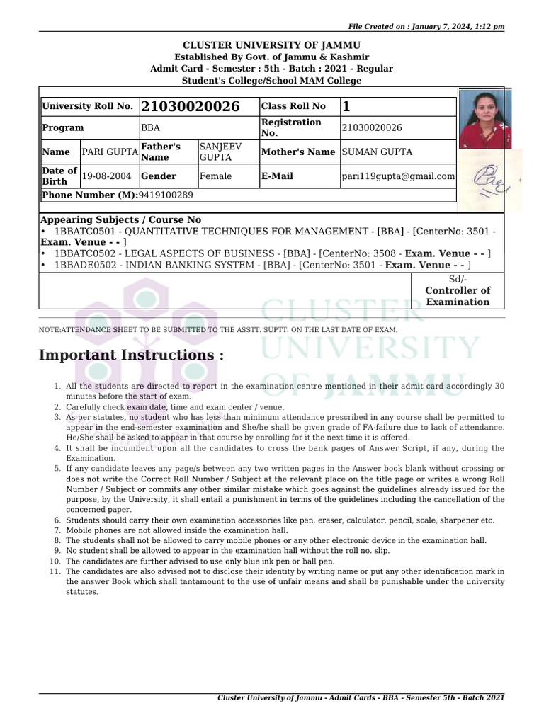 Admit Cards 5th Batch 2021 | PDF