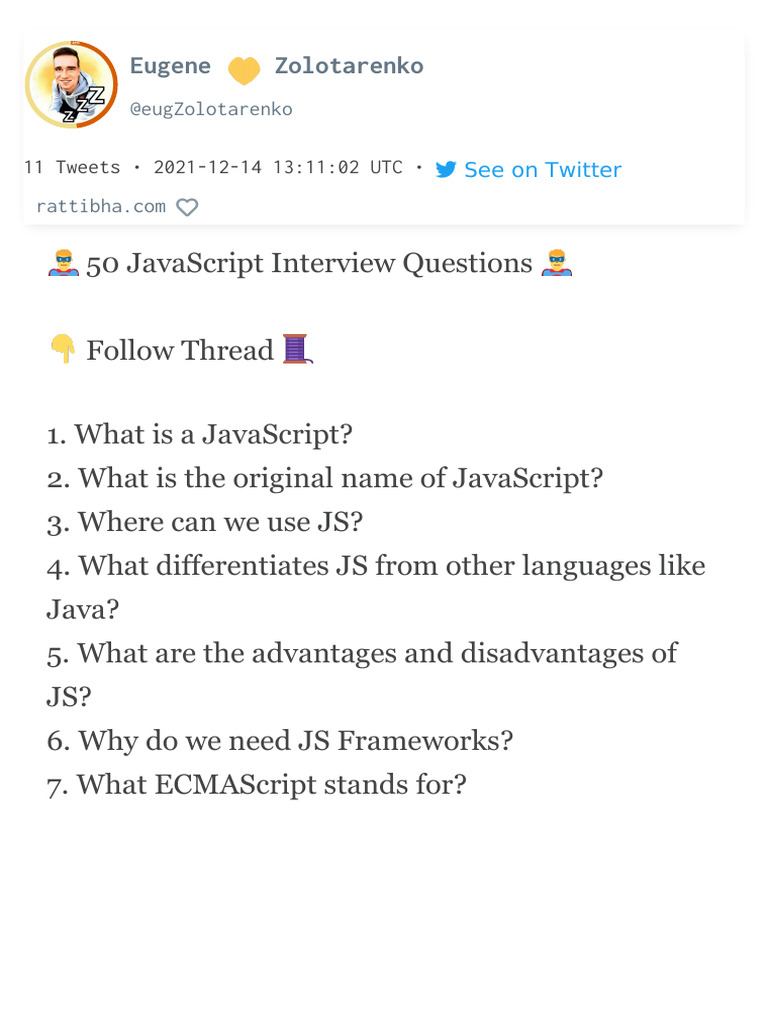 50 - Javascript - Interview - Thread - by - Eugzolotarenko - Dec 14, 21 - From - Rattibha | PDF ...