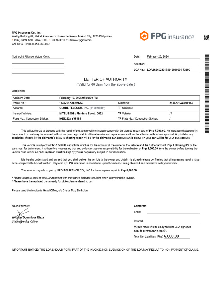 LOA for Vehicle Repair Authorization | PDF | Financial Services | Insurance