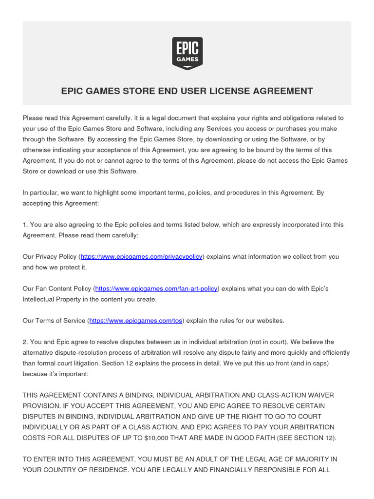 Epic Games Store End User License Agreement | PDF | Arbitration | Indemnity