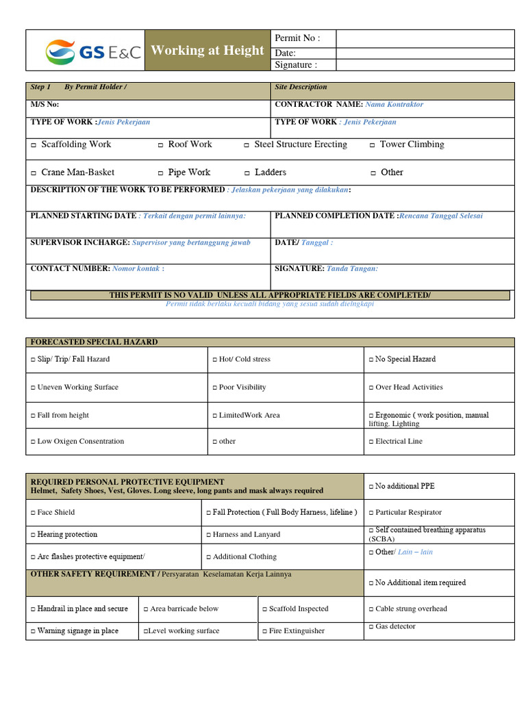 WAH PERMIT | PDF | Personal Protective Equipment | Safety