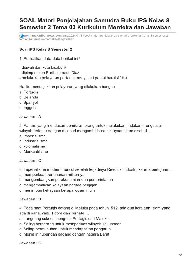 SOAL Materi Penjelajahan Samudra Buku IPS Kelas 8 Semester 2 Tema 03 Kurikulum Merdeka Dan ...