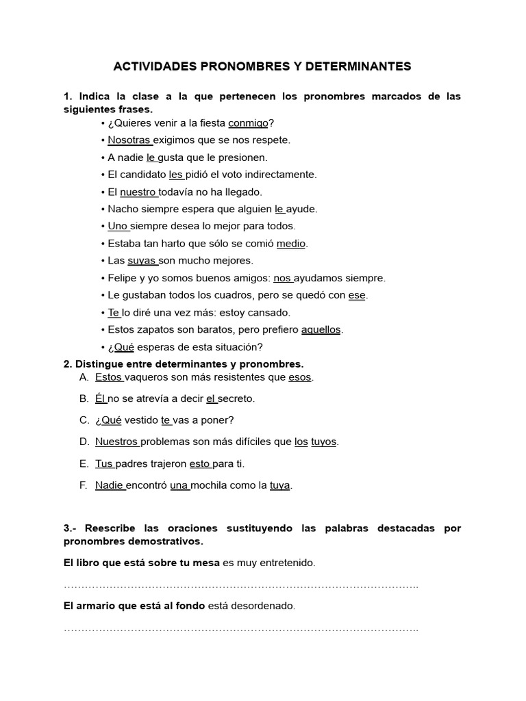 Pronombres y Determinantes: Actividades y Ejercicios | PDF