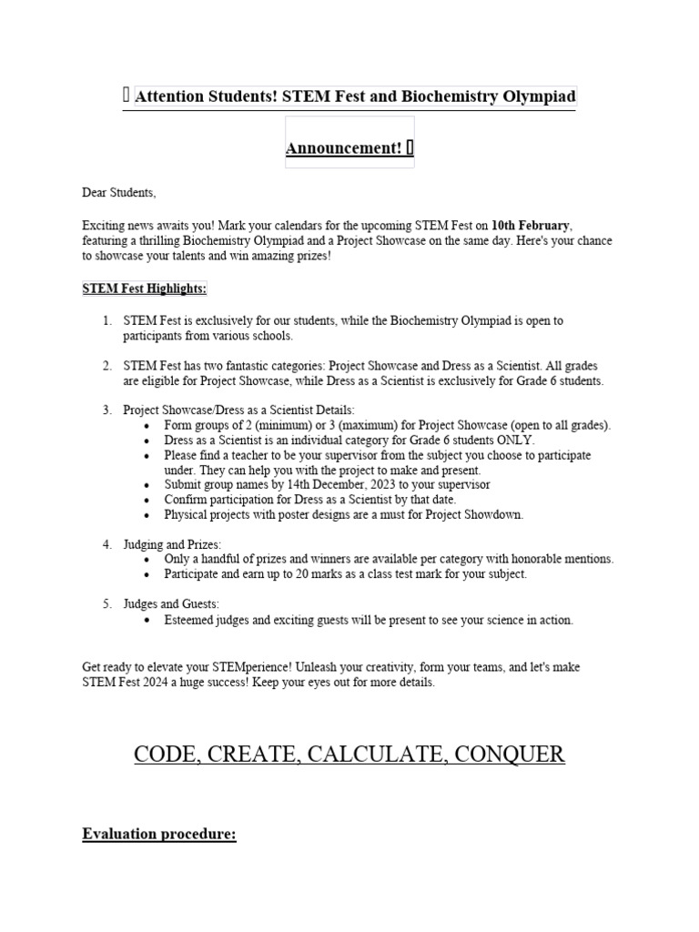 STEM Fest 2024: Biochemistry Olympiad | PDF | Career & Growth