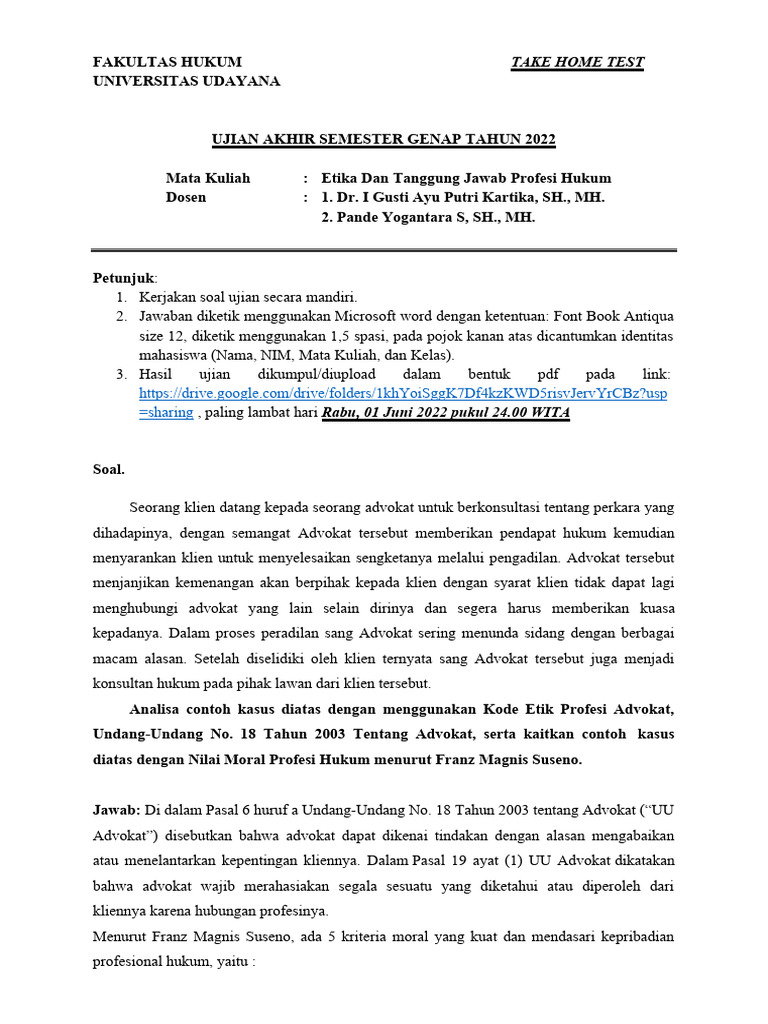 Soal UAS Etika Dan Tanggung Jawab Profesi Hukum 2022 | PDF | Hukum