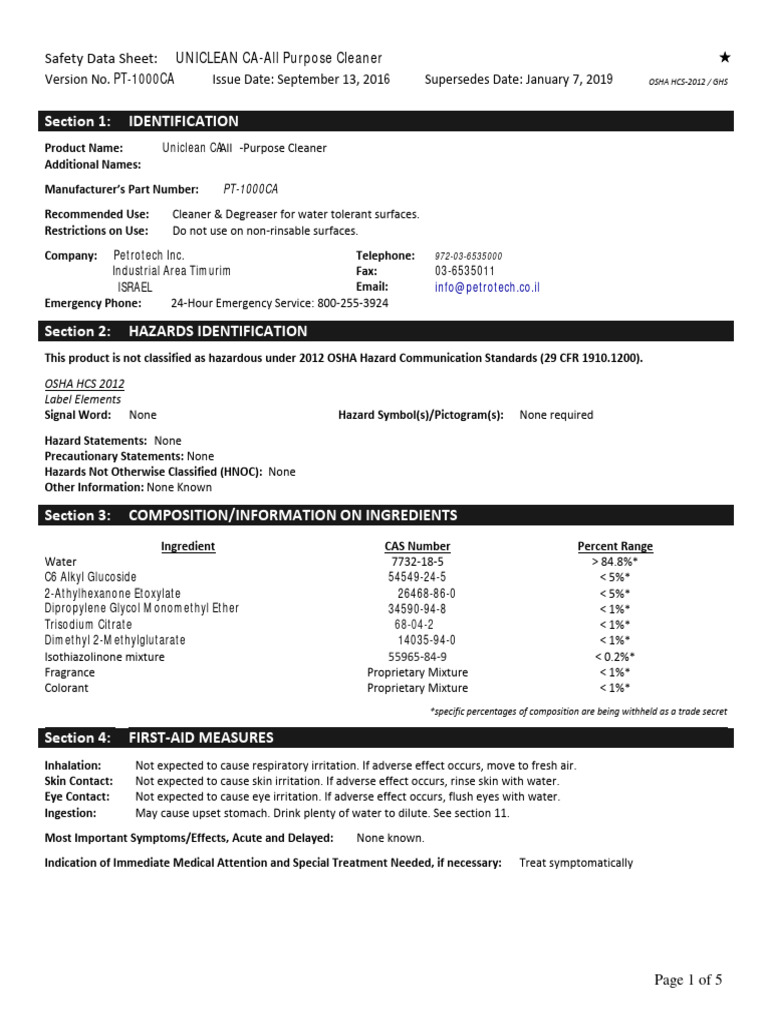 Uniclean CA All-Purpose Cleaner SDS | PDF | Toxicity | Occupational ...