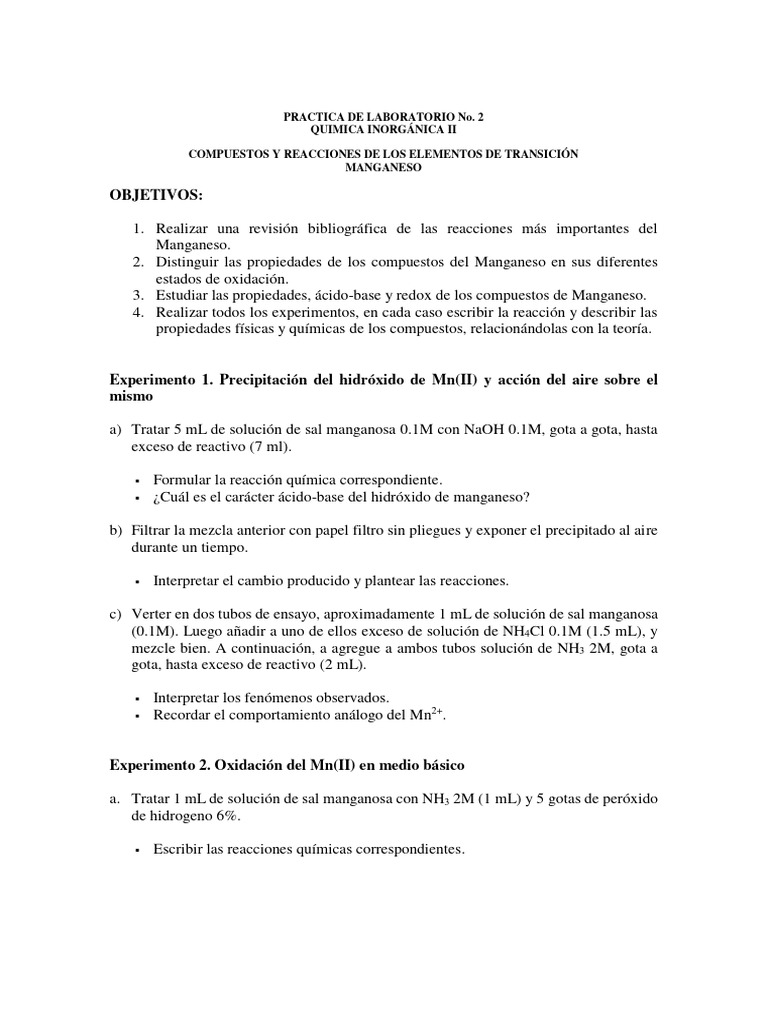 Práctica de Laboratorio No. 2 Química Inorgánica II - 2024 | PDF | Redox | Compuestos químicos
