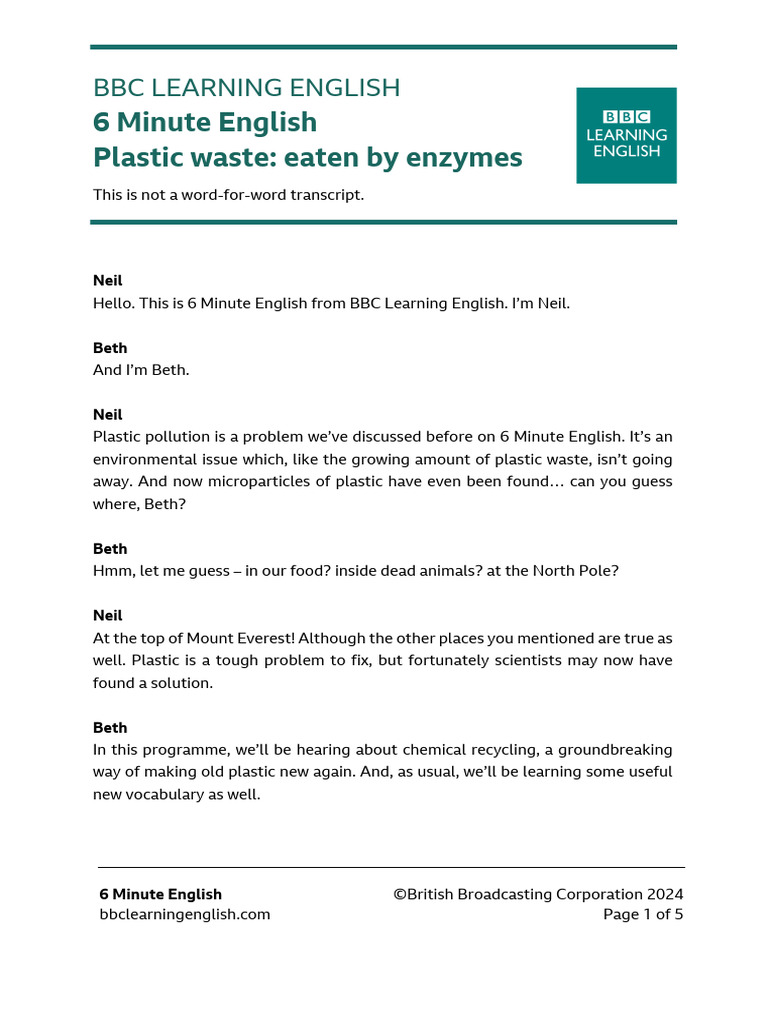 6 Minute English Plastic Waste Eaten by Enzymes | PDF | Recycling | Plastic