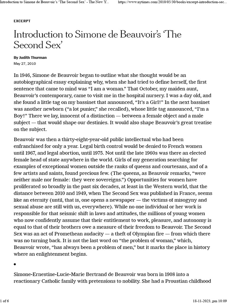 Introduction To Simone De Beauvoirs The Second Sex The New York Times Download Free Pdf