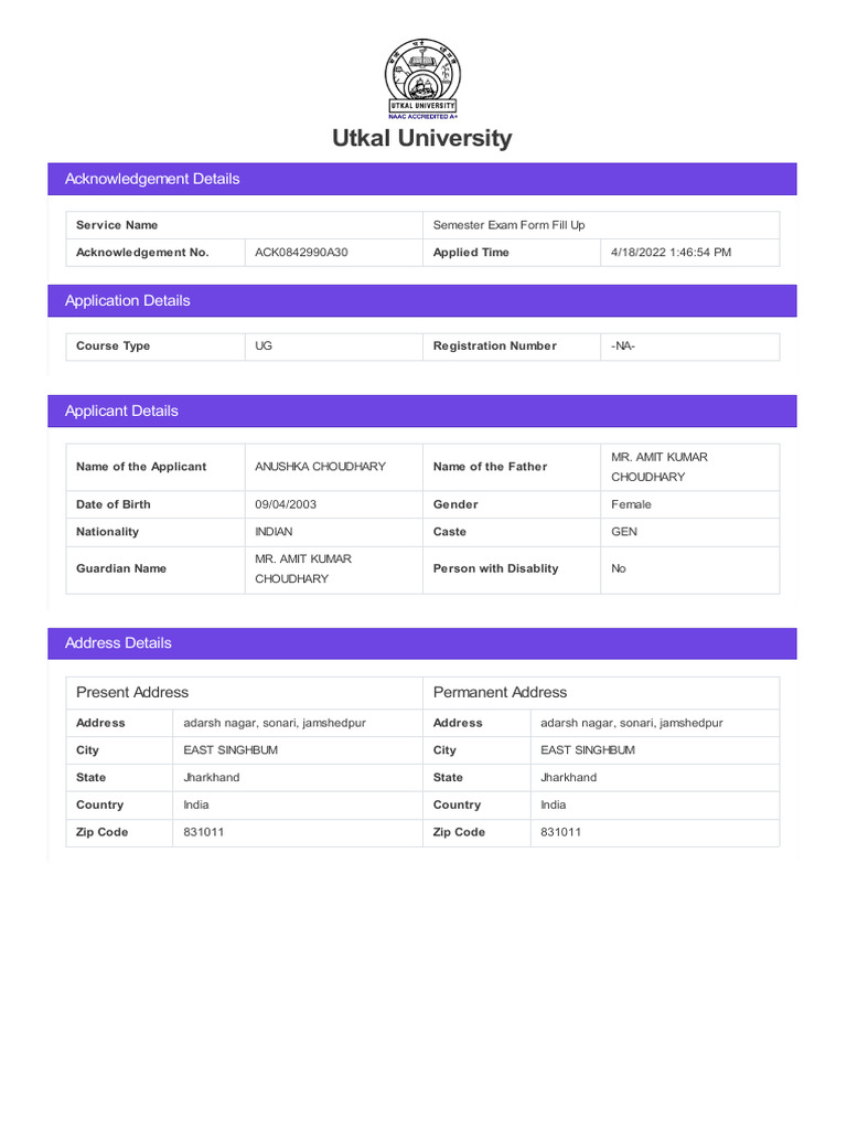 Exam Form Fill Up Acknowledgement | PDF