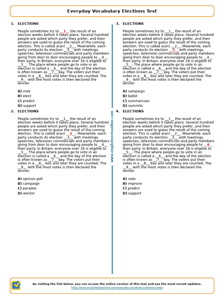 208 - Everyday Vocabulary Elections Test | PDF | Voting | Elections