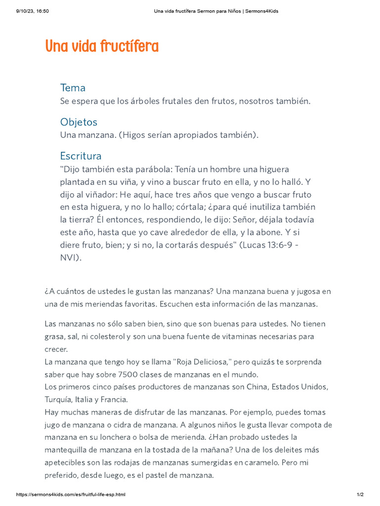 Una Vida Fructífera Sermon para Niños | PDF | manzana