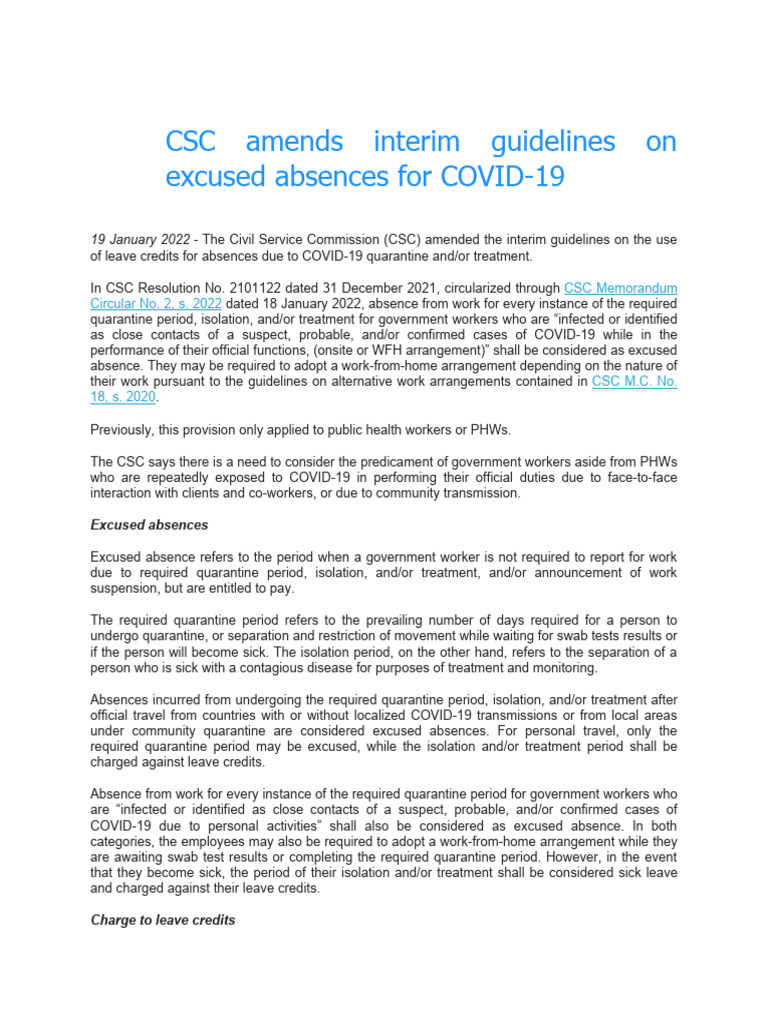 CSC Updates COVID-19 Absence Guidelines | PDF | Quarantine | Epidemiology