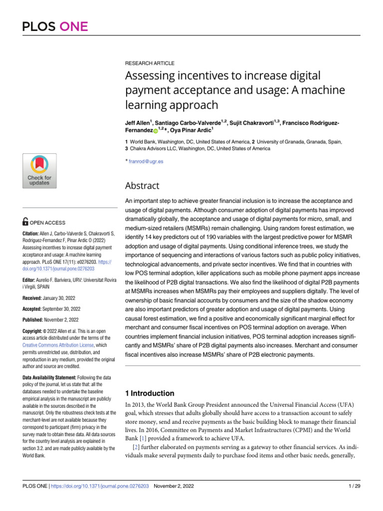 Assessing Incentives To Increase Digital Payment Acceptance and Usage: A Machine Learning ...