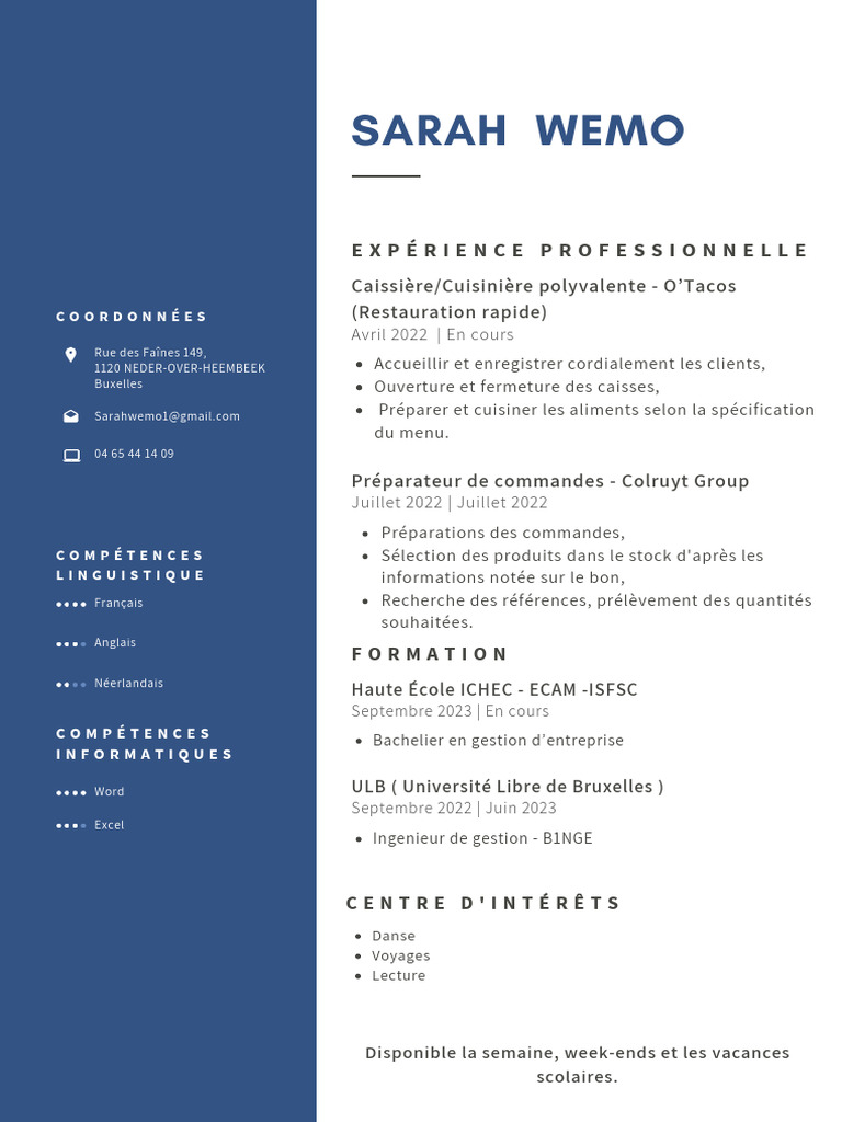 CV de Sarah Wemo - Caissière Polyvalente | PDF