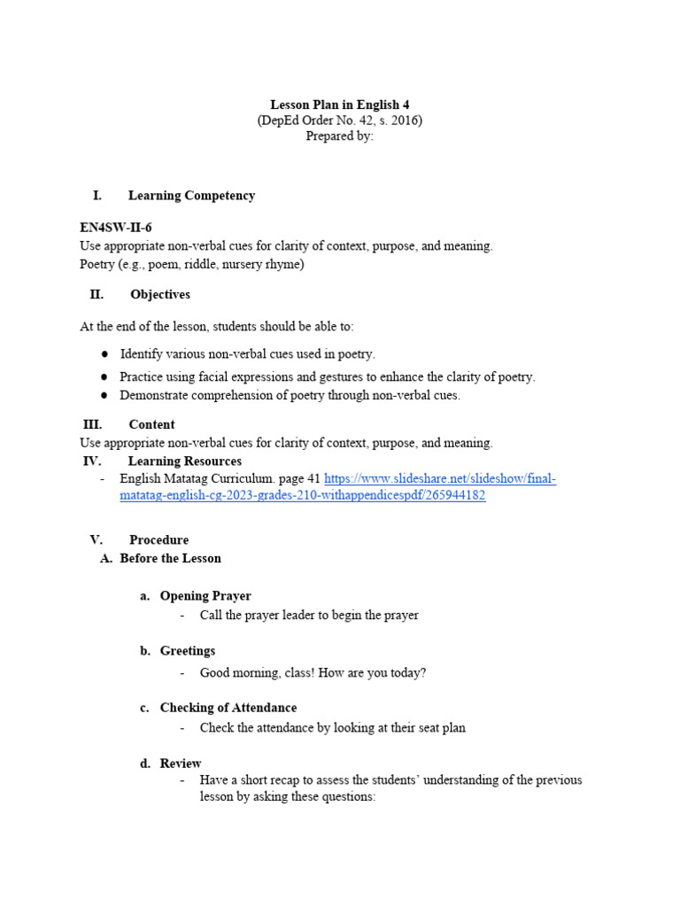 Lesson Plan in English 4 Poetry | PDF | Nonverbal Communication ...