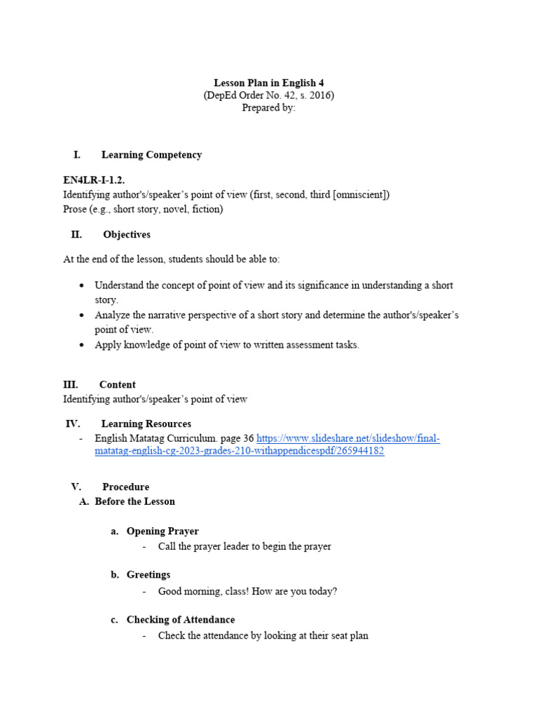 Lesson Plan in English 4 prose | PDF | Narration | Cognition