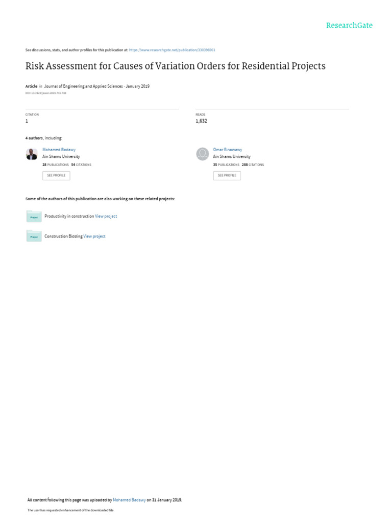 Risk Assessmentfor Causesof Variation Ordersfor Residential Projects ...