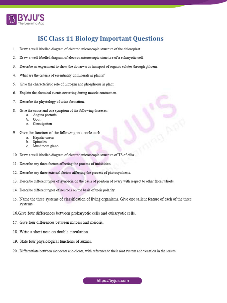 ISC Class 11 Biology Important Questions | PDF