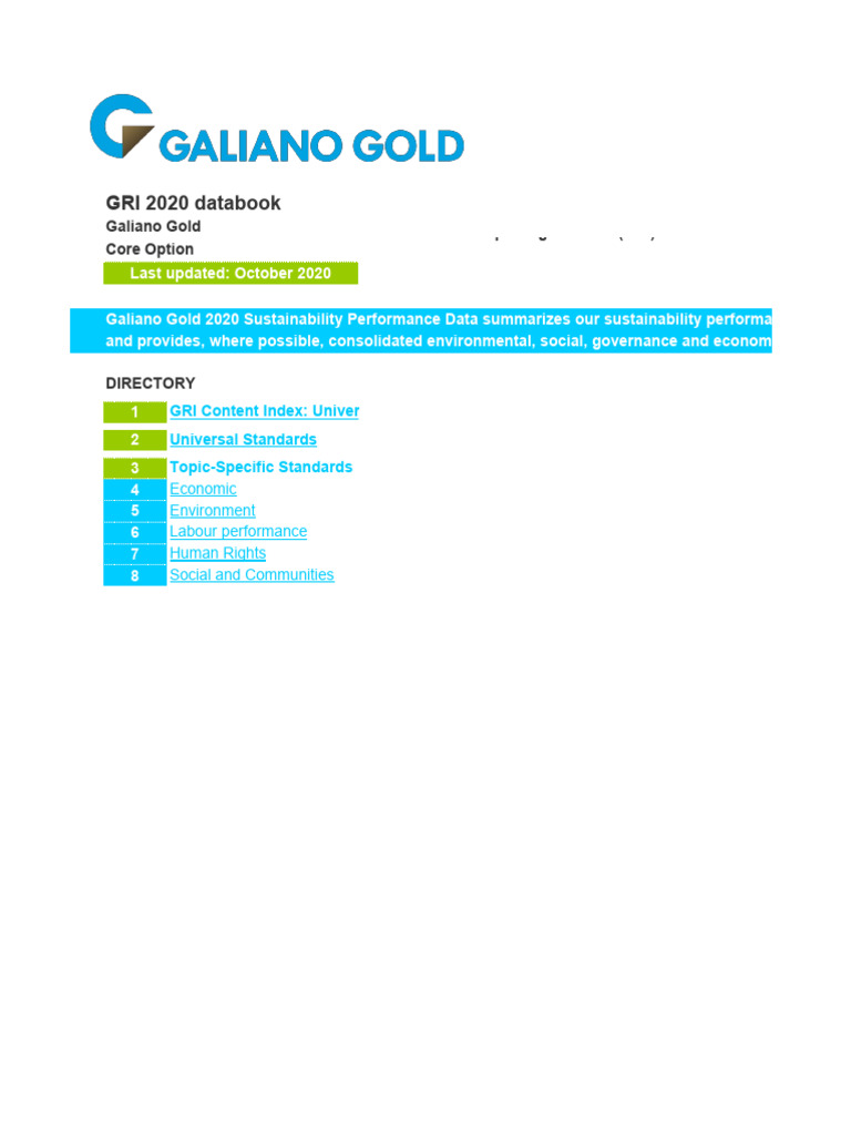 Galiano Gold 2020 GRI Table October 2021 | PDF | Governance | Risk