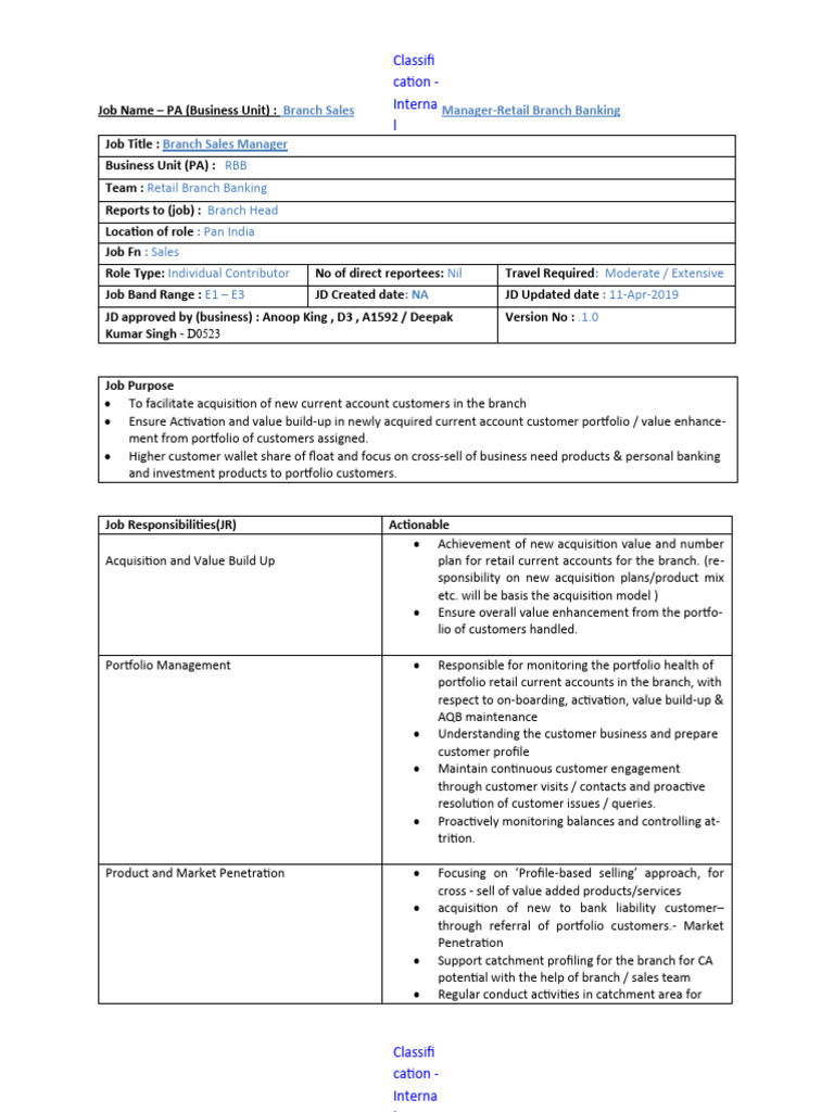 Branch Sales Manager Job Description | PDF | Sales | Banks