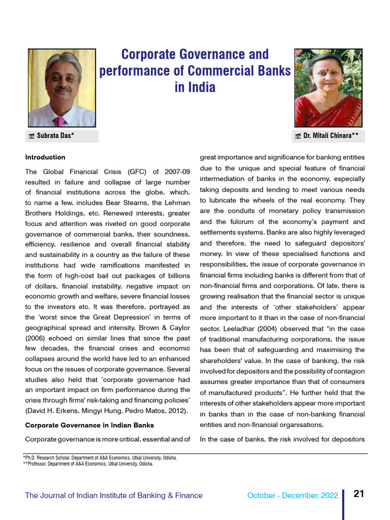 Corporate Governance and Performance of Commercial Banks in India - Subrata Das and Dr. Mitali ...